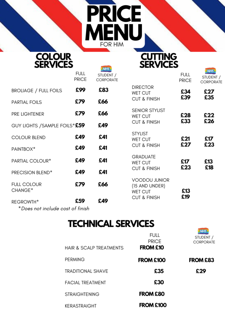 Price List at Voodou Hairdressing Liverpool